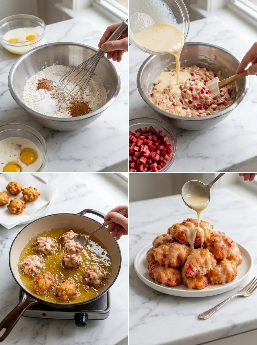 Old-Fashioned Rhubarb Fritter Bites with Lemon Glaze - Hidden Recipes